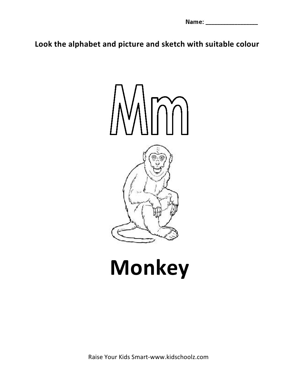 Alphabets Colouring Worksheets - M - Kidschoolz
