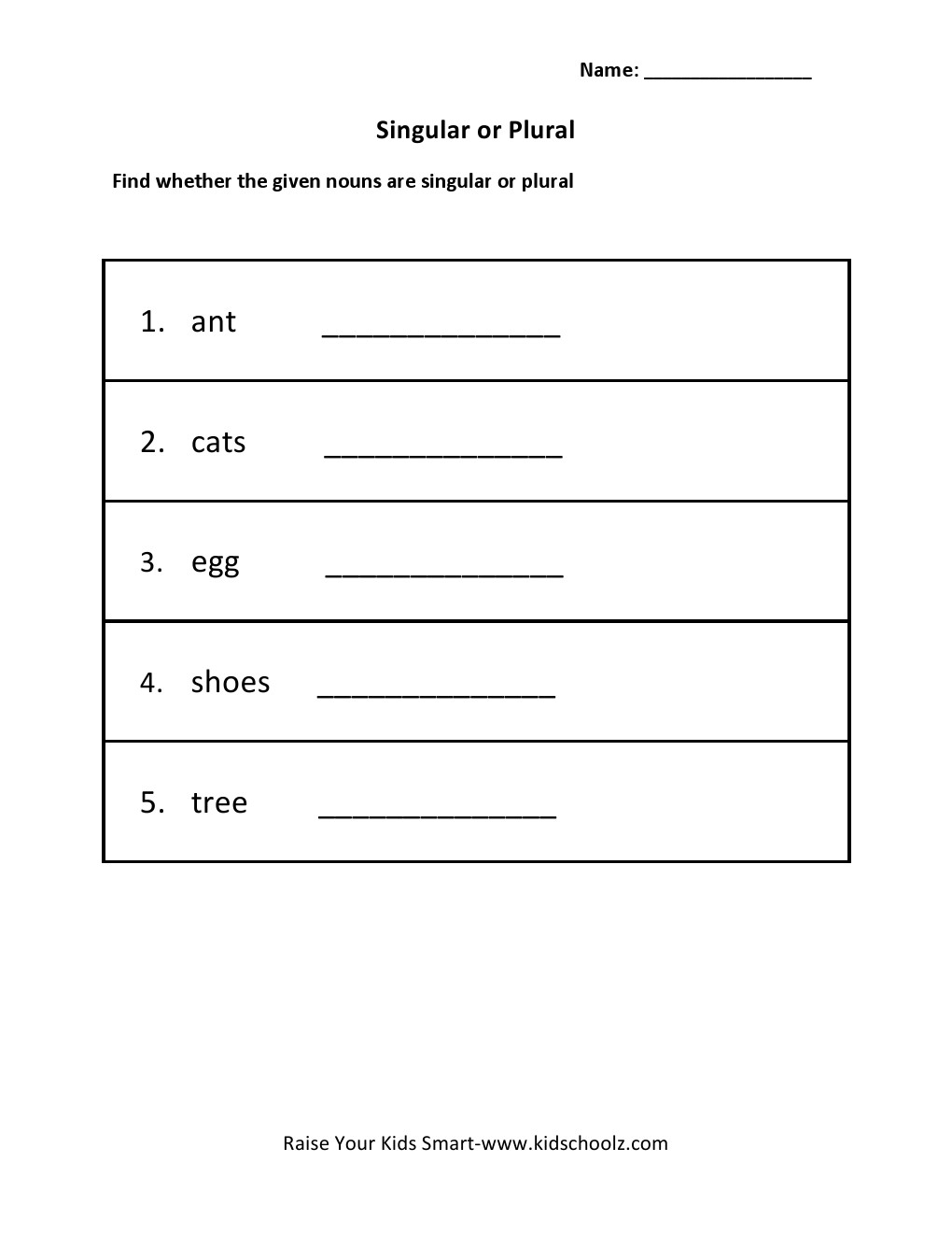 Grade 3 - Singular & Plural Worksheet 1 - Kidschoolz