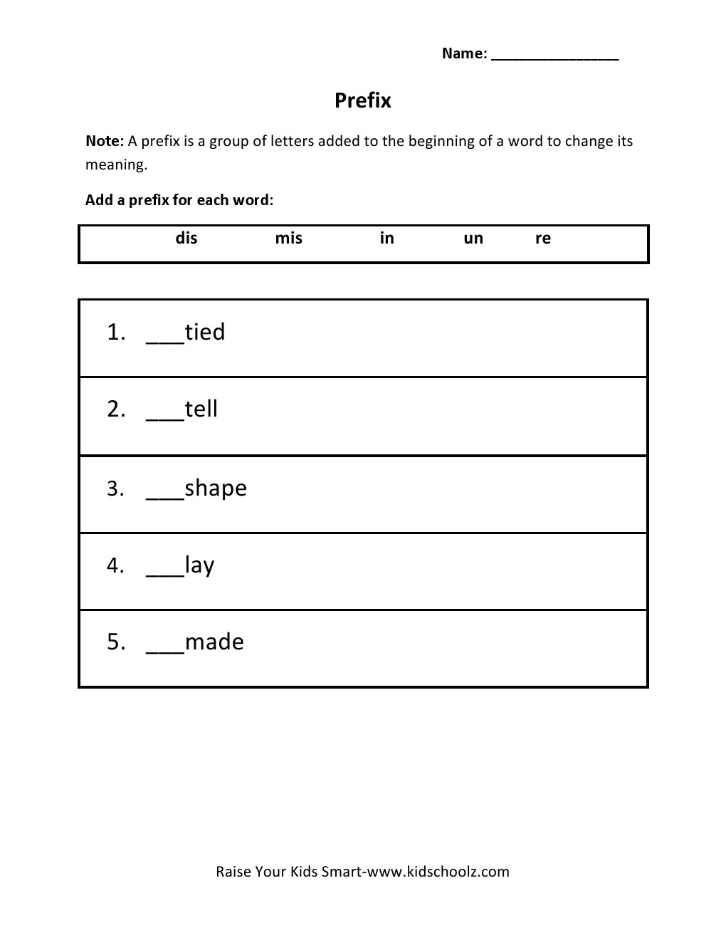 Grade 3 - Prefix Worksheet 3 - Kidschoolz