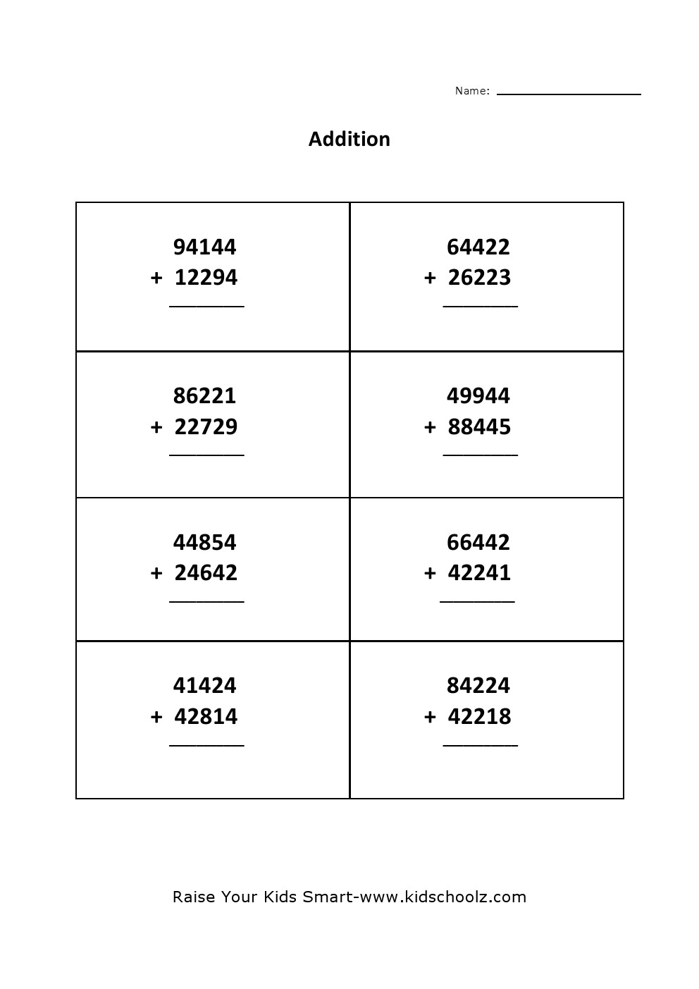 Grade 4 - Five Digit Addition Worksheet 3 - Kidschoolz