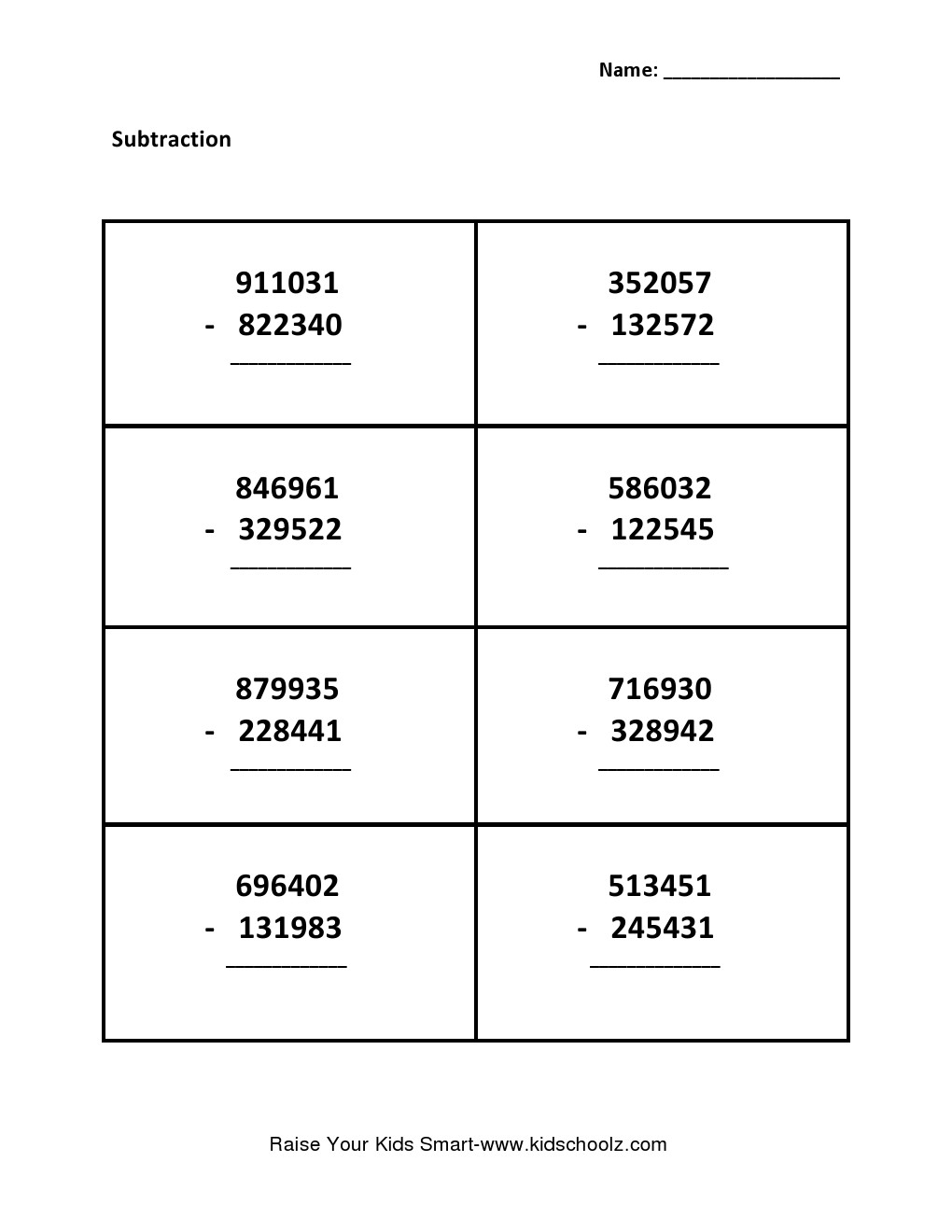 Grade 5 - Subtraction Worksheet 1 - Kidschoolz