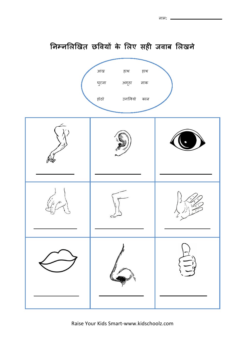 Hindi- Body Names Worksheet 3 - Kidschoolz