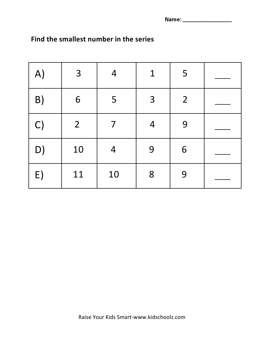 Grade 1 - Finding Smallest Number Worksheet 1 - Kidschoolz