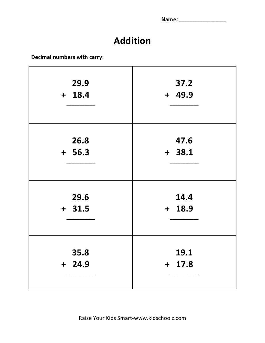 Grade 3 - Decimal Addition Worksheet 6 - Kidschoolz