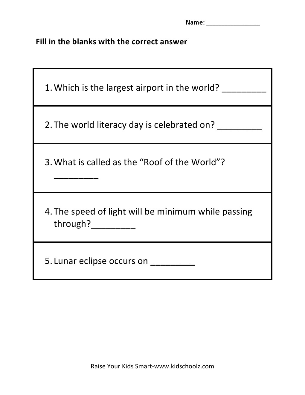 Grade 3 - General Knowledge Worksheet 3 - Kidschoolz
