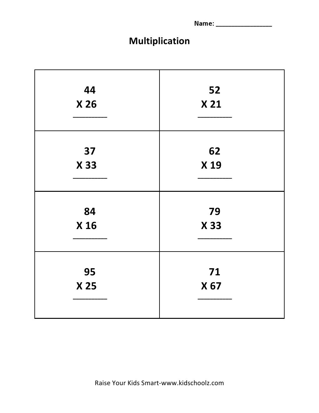 Grade 3 - Multiplication Worksheet 4 - Kidschoolz