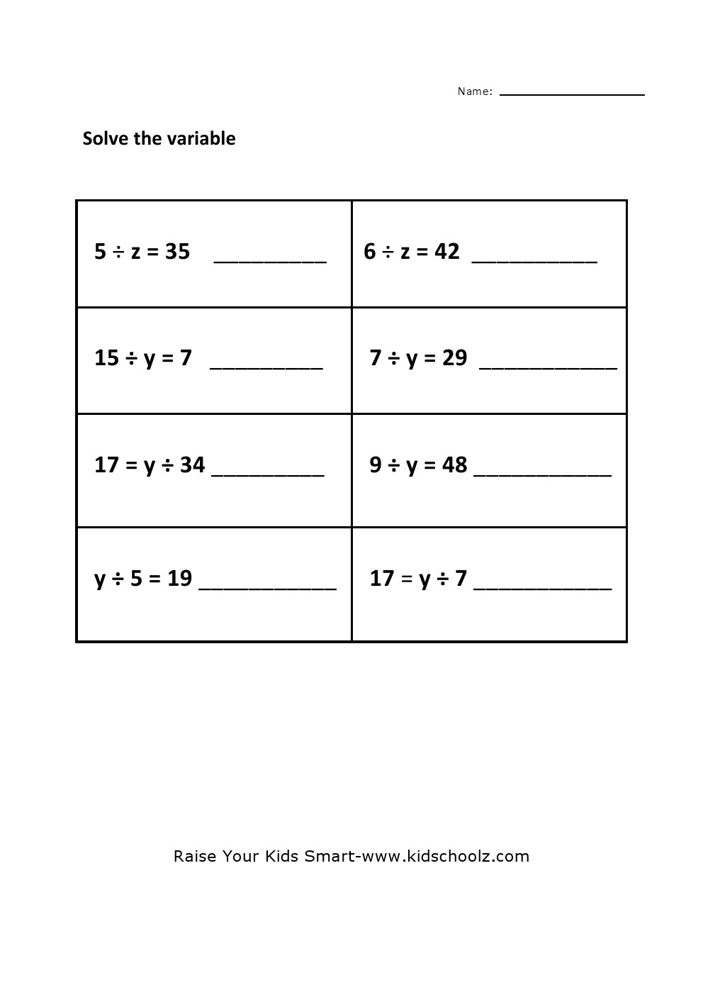 Grade 5 - Pre-Algebra Division Worksheet 5 - Kidschoolz
